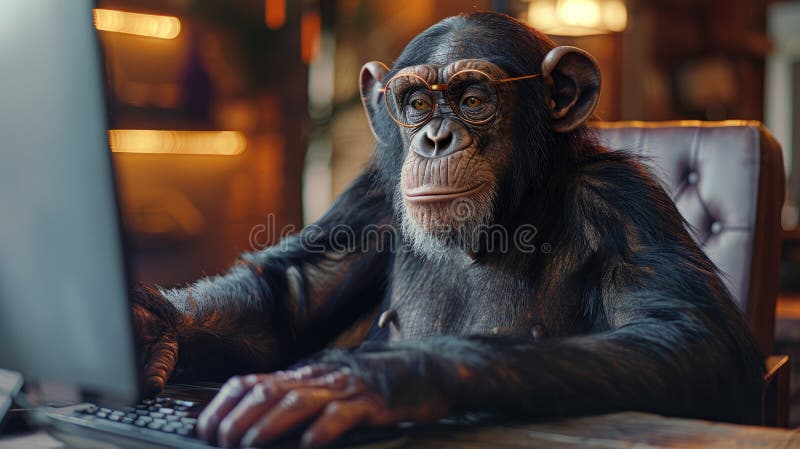 Chimpanzee Sitting at a Desk Using a Laptop Stock Photo - Image of ...