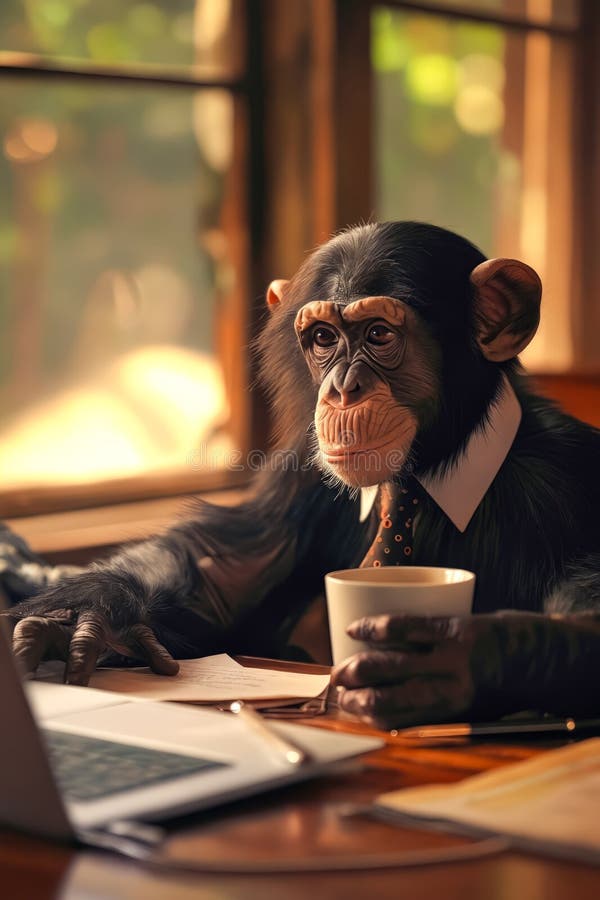 A Chimpanzee Sitting at a Table with a Laptop and a Cup of Coffee ...