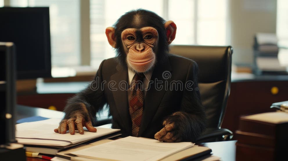 Chimpanzee in Suit at Office Desk Reviewing Documents Stock ...