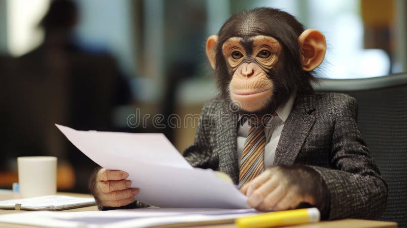 Chimpanzee in Suit Reviewing Documents at Office Desk Stock ...