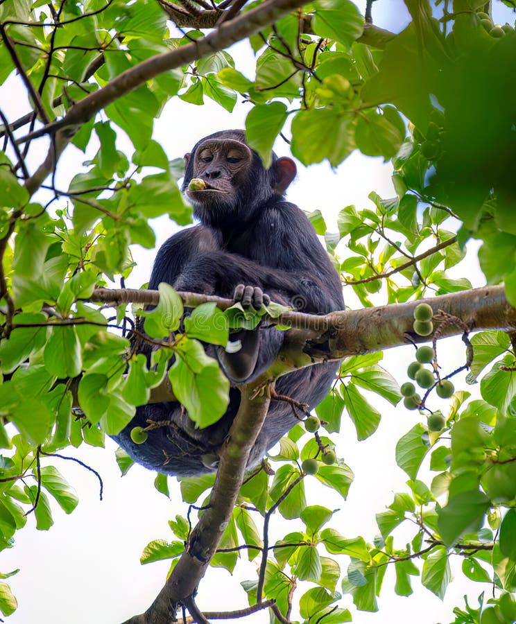 Chimpanzee on a Tree at the African Rainforest Stock Photo - Image of ...