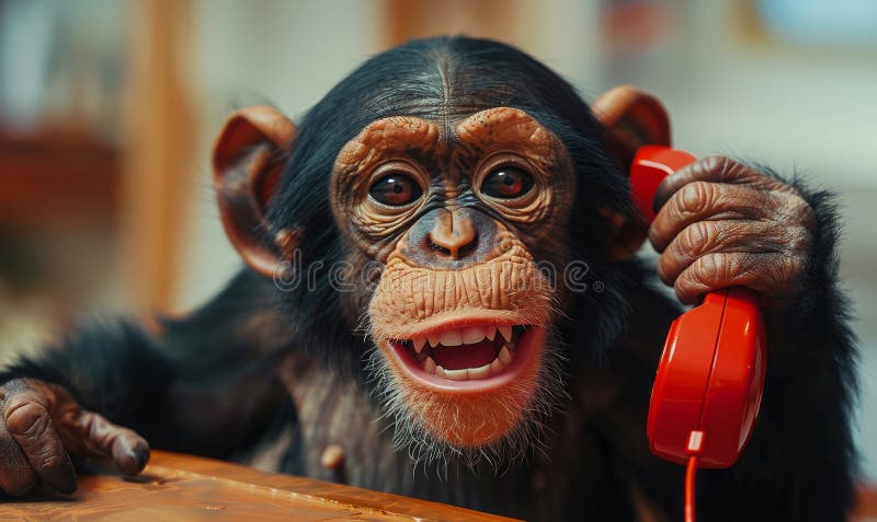 Chimpanzee Using Red Phone. a Smiling Monkey Stock Photo - Image of ...