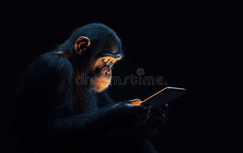 Chimpanzee Using Tablet in Dark Setting Stock Illustration ...