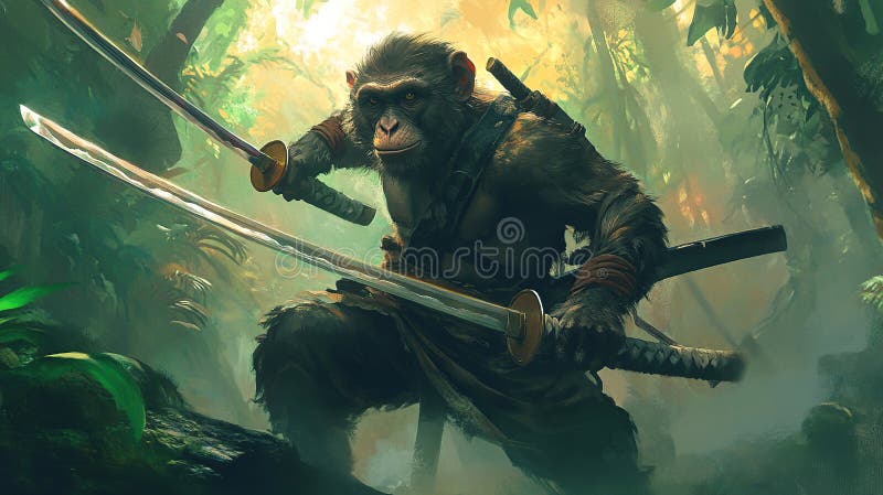 A Chimpanzee Warrior Wielding Two Katanas in a Jungle Stock ...