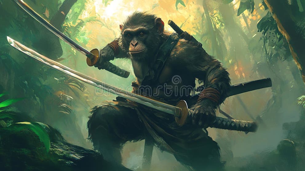 A Chimpanzee Warrior Wielding Two Katanas in a Jungle Stock ...