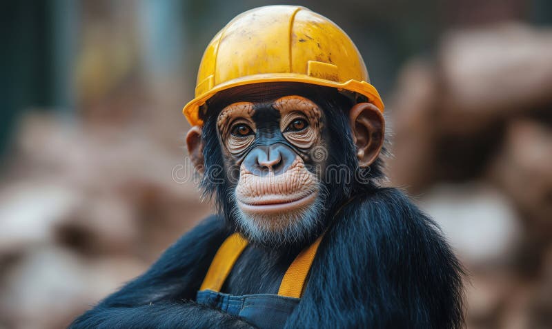 Chimpanzee Wearing Construction Helmet and Overalls in Playful Pose at ...