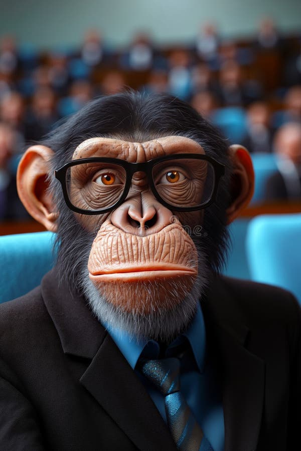A Chimpanzee Wearing Glasses and a Suit Sitting in a Chair Stock Image ...