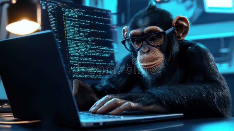 Chimpanzee Wearing Glasses Working on a Laptop Surrounded by Coding and ...