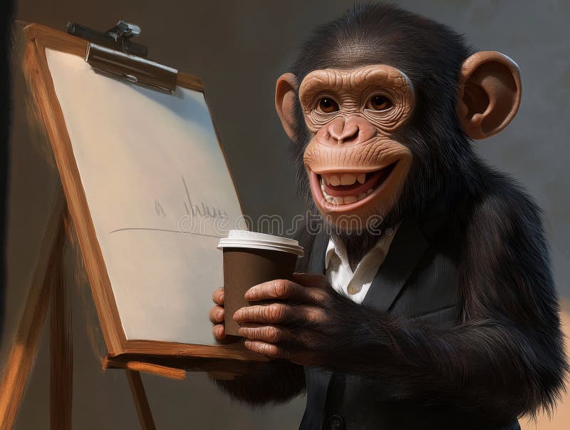 A Chimpanzee Wearing a Suit and Holding a Coffee Cup Presents Data ...
