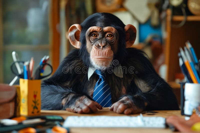 A Chimpanzee Wearing a Tie Sitting at a Desk. Generative AI Stock Image ...