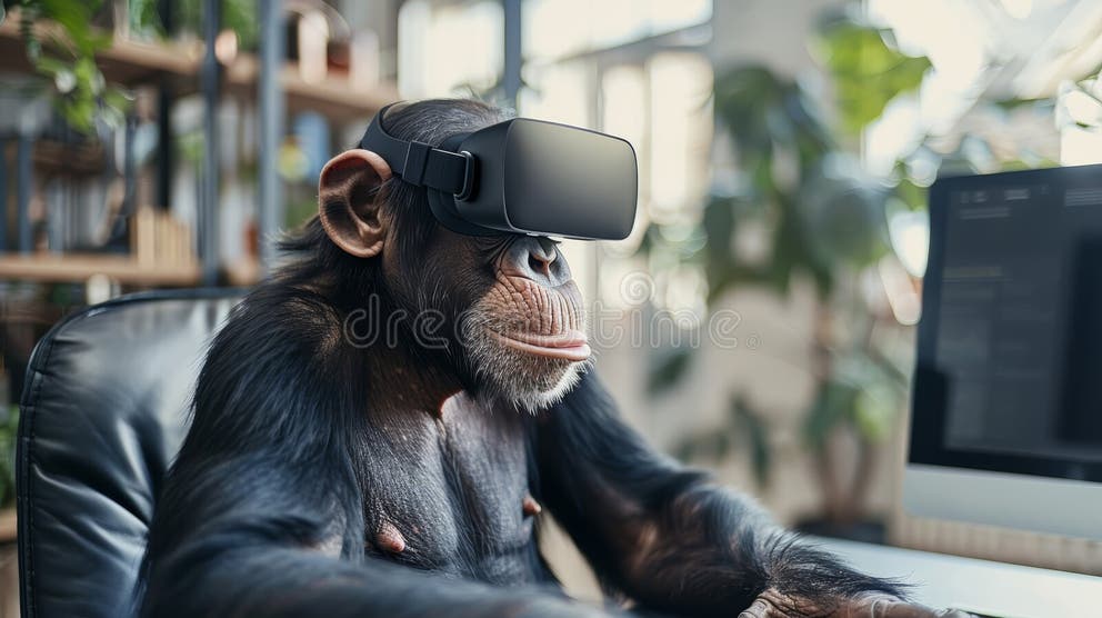 A Chimpanzee Wearing VR Headset, Sitting at a Desk and Using a Computer ...
