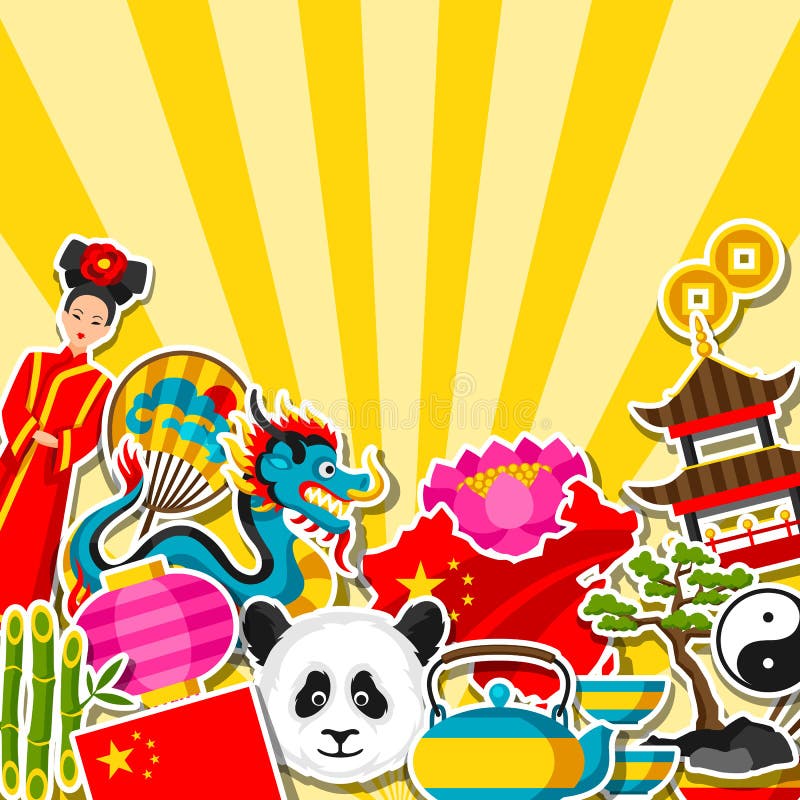 China Background Design. Chinese Sticker Symbols and Objects Stock ...