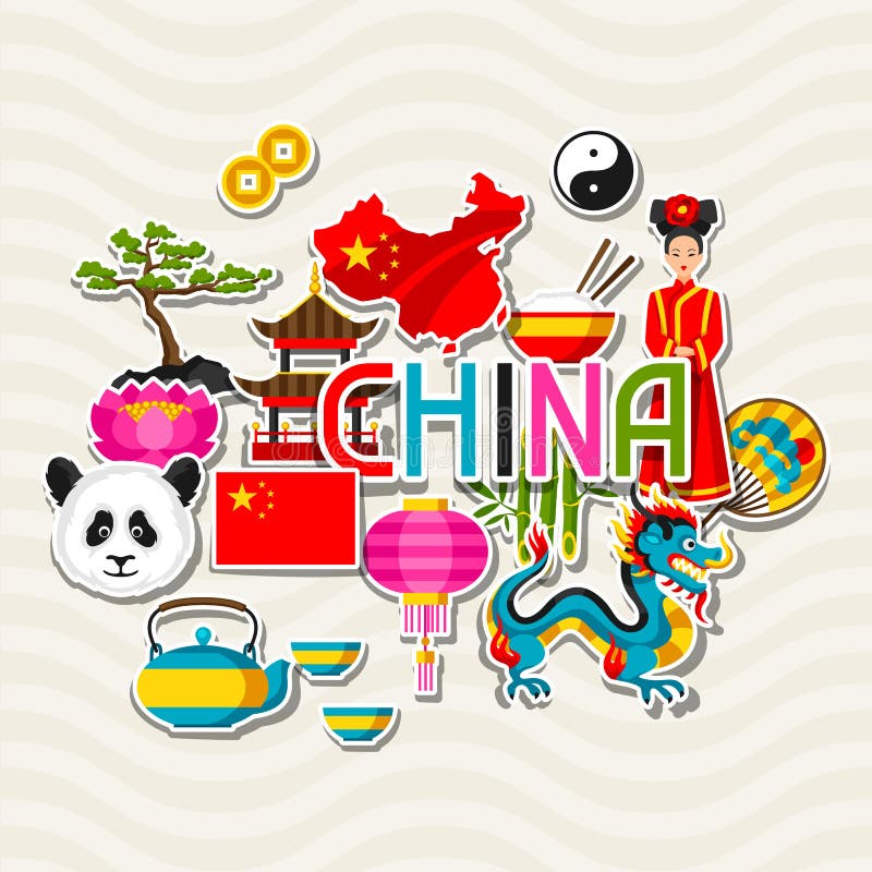 China Background Design. Chinese Sticker Symbols and Objects Stock ...