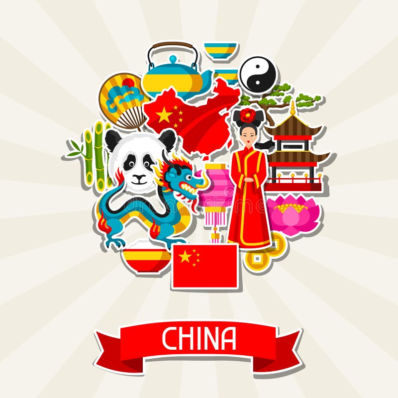 China Background Design. Chinese Sticker Symbols and Objects Stock ...