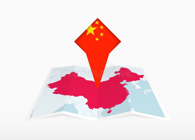 China is Depicted on a Folded Paper Map and Pinned Location Marker with ...
