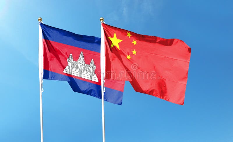 China Flag and Cambodia Flag on Cloudy Sky. Stock Image - Image of flag ...