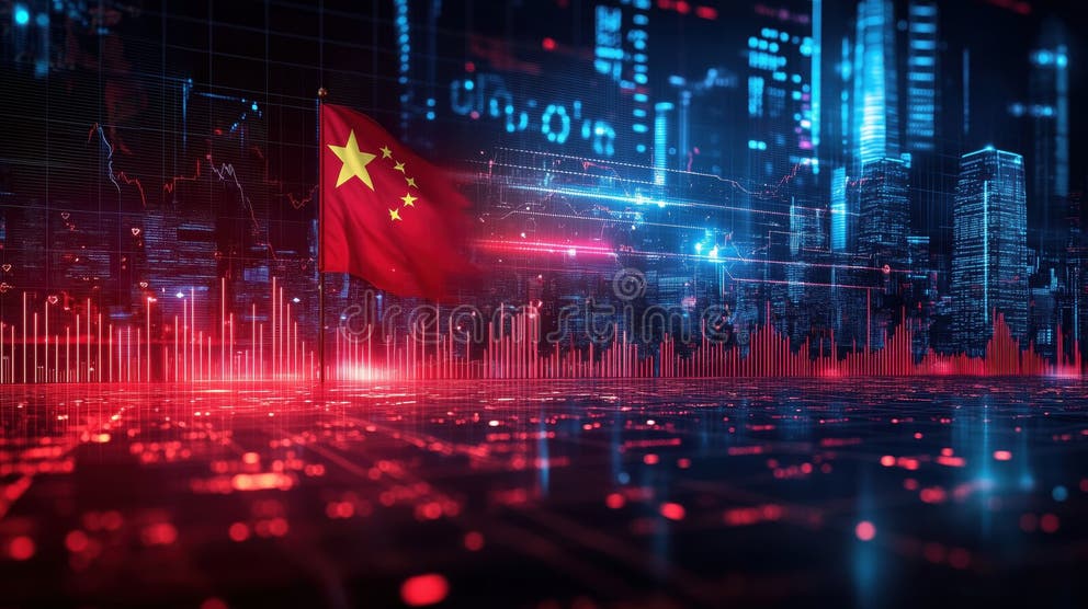 China Flag in Digital Futuristic Cityscape with Data Visualization ...