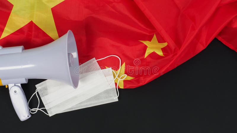 China Flag and Face Masks and Megaphone on Black Background Stock Image ...