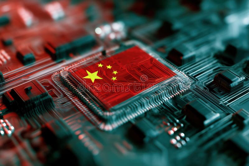 China Flag on Microchip Circuit Board Red and Yellow National Emblem ...