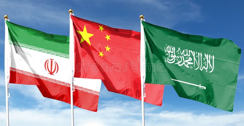 China Flag with Saudi Arabia Flag and Iran Flag on Cloudy Sky. Waving ...