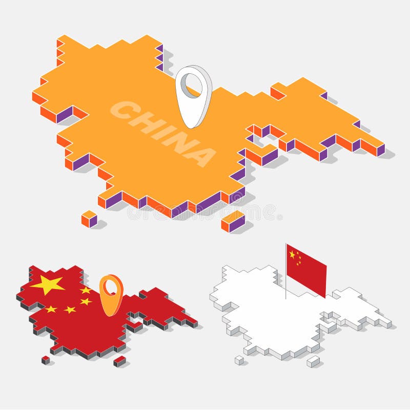China Flags on Map Element with 3D Isometric Shape Isolated on ...