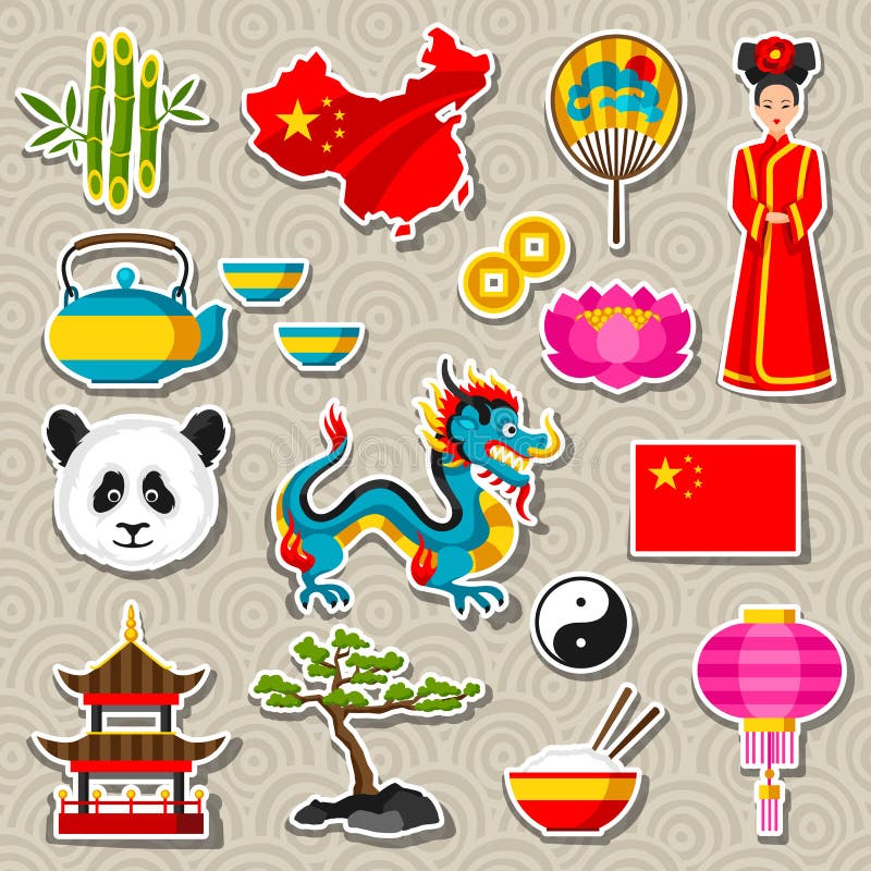 China Icons Set. Chinese Sticker Symbols and Objects Stock Vector ...