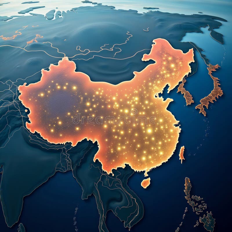 Stylized China Map with Urban Centers Illuminated at Night, Generative ...