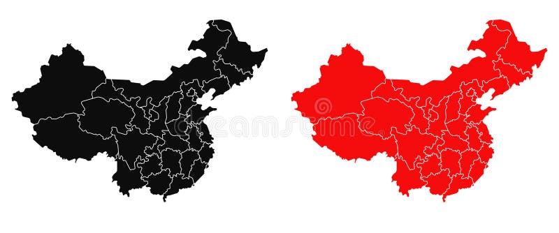 China Map with Administrative Division Isolated in Black and Red Colors ...