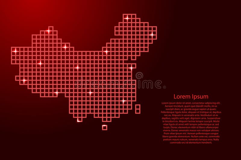 China Map Silhouette from Red Mosaic Structure Squares and Glowing ...