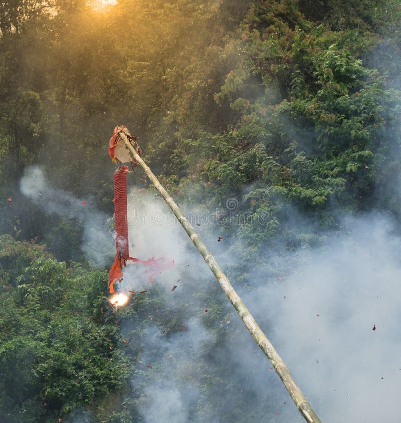 China Red Cracker Line Hanging on Bamboo Stick are Fired and Con Stock ...