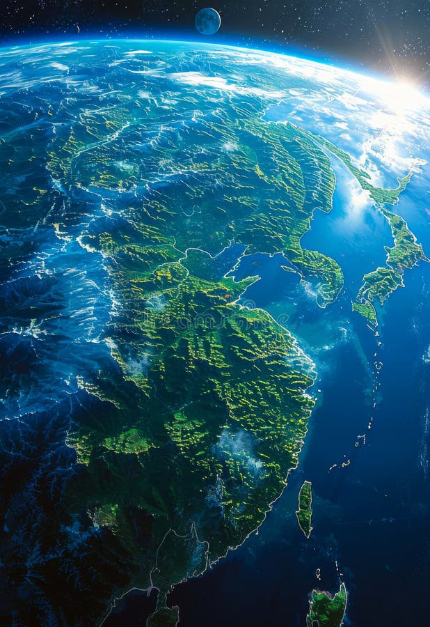 China in Red on Model of Planet Earth with Clouds and Atmosphere in ...