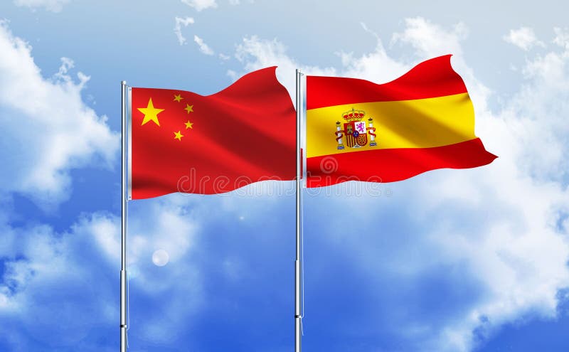China,Spain Flags Together Waving Against Blue Sky Stock Illustration ...