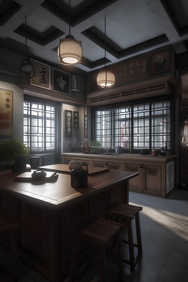 China Style Kitchen Interior in Luxury House Stock Illustration ...