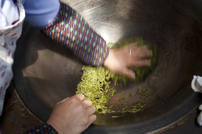 Traditional Tea Making Drying Green Tea in Pan Processing by Hand at ...