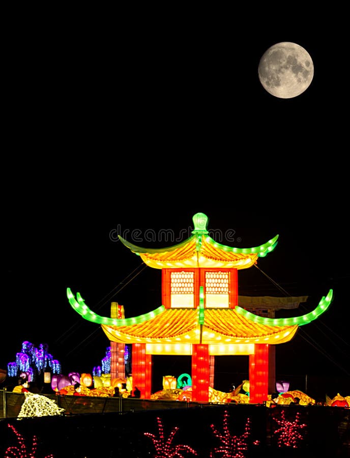 The China Town at Night Under the Moon - Modern Light Show Stock Image ...
