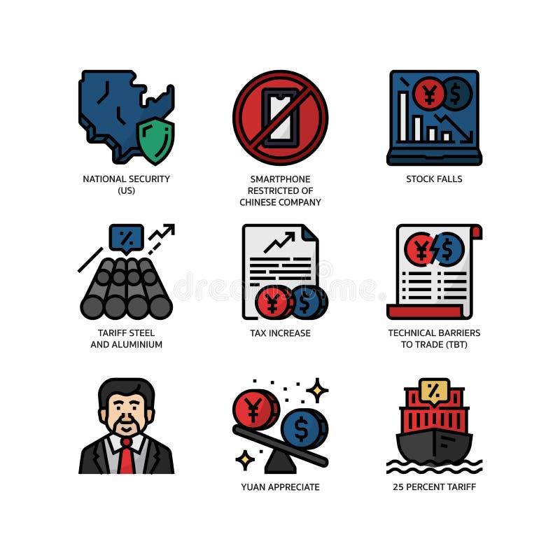 China and US Trade War Icon Set Stock Vector - Illustration of trade ...