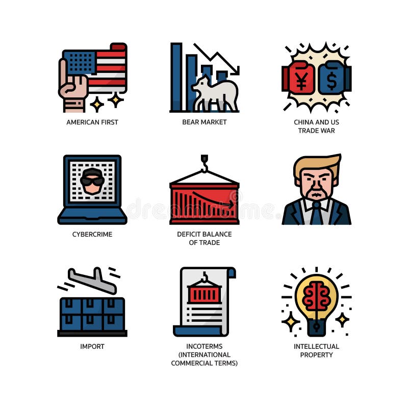 China and US Trade War Icon Set Stock Vector - Illustration of customs ...