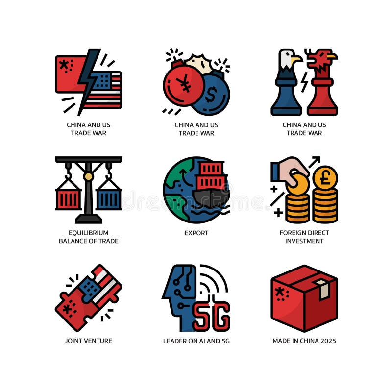 China and US Trade War Icon Set Stock Vector - Illustration of american ...