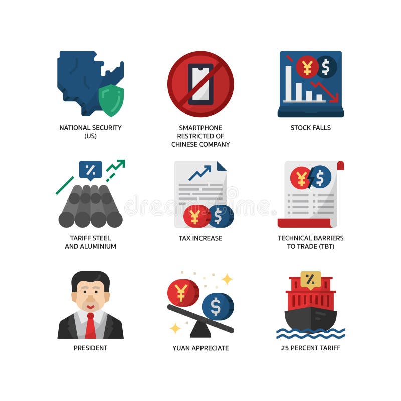 China and US Trade War Icon Set Stock Vector - Illustration of tariff ...