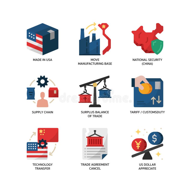China and US Trade War Icon Set Stock Vector - Illustration of customs ...