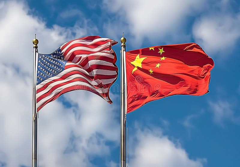 Chinese and American Flags Waving Together Against Blue Sky Stock ...