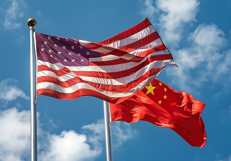 Chinese and American Flags Waving Together Against Blue Sky Stock ...
