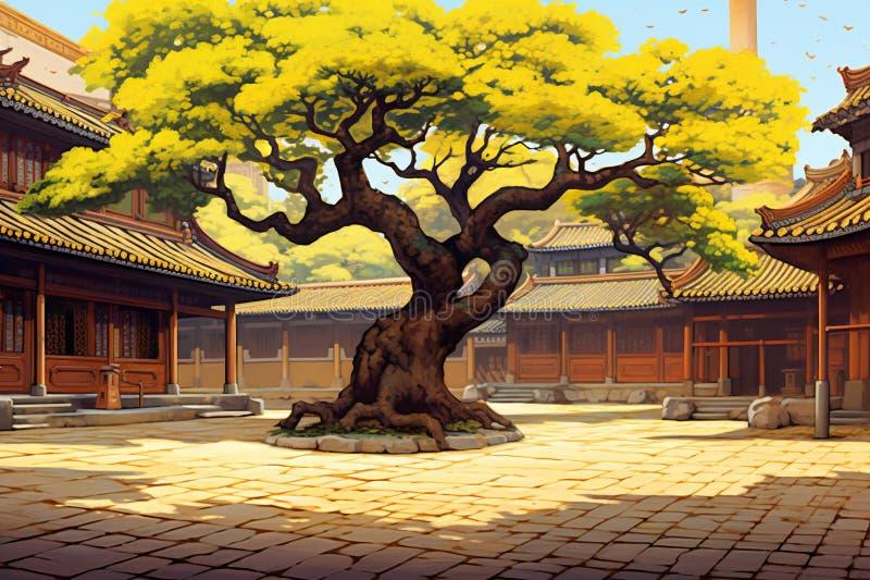 Chinese Ancient Architecture with a Big Tree in the Foreground Stock ...