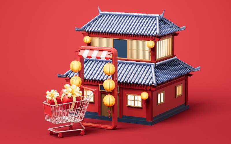 Chinese Ancient Building with Retro Style, 3d Rendering Stock ...