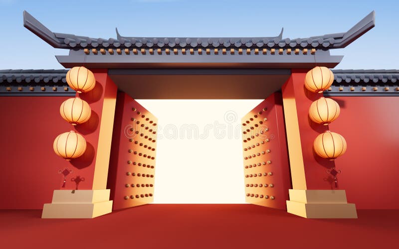 Chinese Ancient Door, Traditional Architecture, 3d Rendering Stock ...