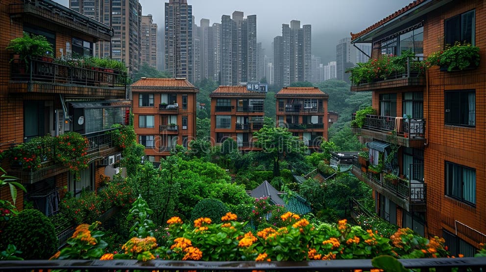 Chinese Apartment Complex with Green Foliage and Structures, AI ...