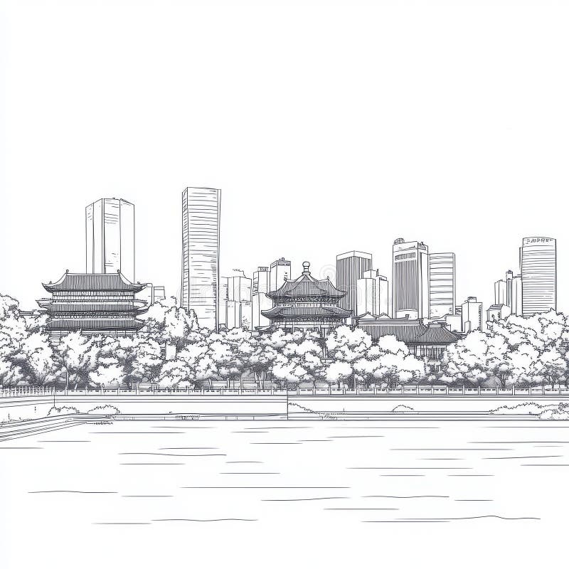 Chinese Architecture Modern City Skyline Sketch Black and White Stock ...