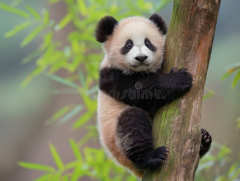 Chinese Baby Panda Climbing in Tree, Panda Baby Animal Stock Photo ...