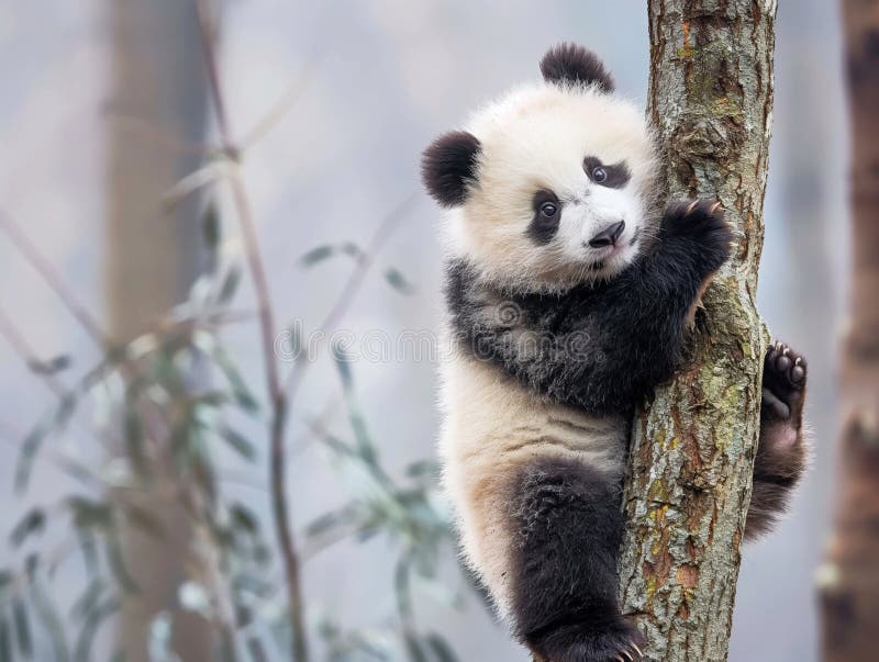 Chinese Baby Panda Climbing in Tree, Panda Baby Animal Stock Image ...