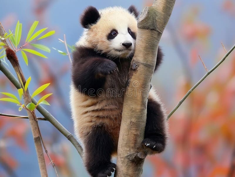 Chinese Baby Panda Climbing in Tree, Panda Baby Animal Stock Image ...